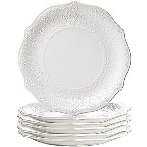 SOUJOY Set of 6 Porcelain Dinner Plate, 10.5'' White Dinner Dish, Embossed Printing Dinnerware Plate for Dinner, Restaurant, Family Party and Kitchen, Microwave, Dishwasher Safe