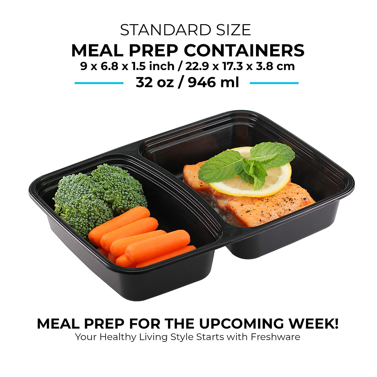 Freshware Meal Prep Containers [50 Pack] 2 Compartment with Lids, Food Storage Containers, Bento Box, BPA Free, Stackable, Microwave/Dishwasher/Freezer Safe (28 oz)