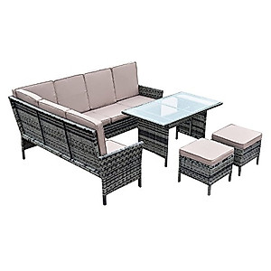 Tangkula 5 Pieces Patio Furniture Set Wicker Rattan Steel Frame Patio Outdoor Garden Conversation Set High Back Sectional Sofa Set with Tempered Glass Top Dining Table
