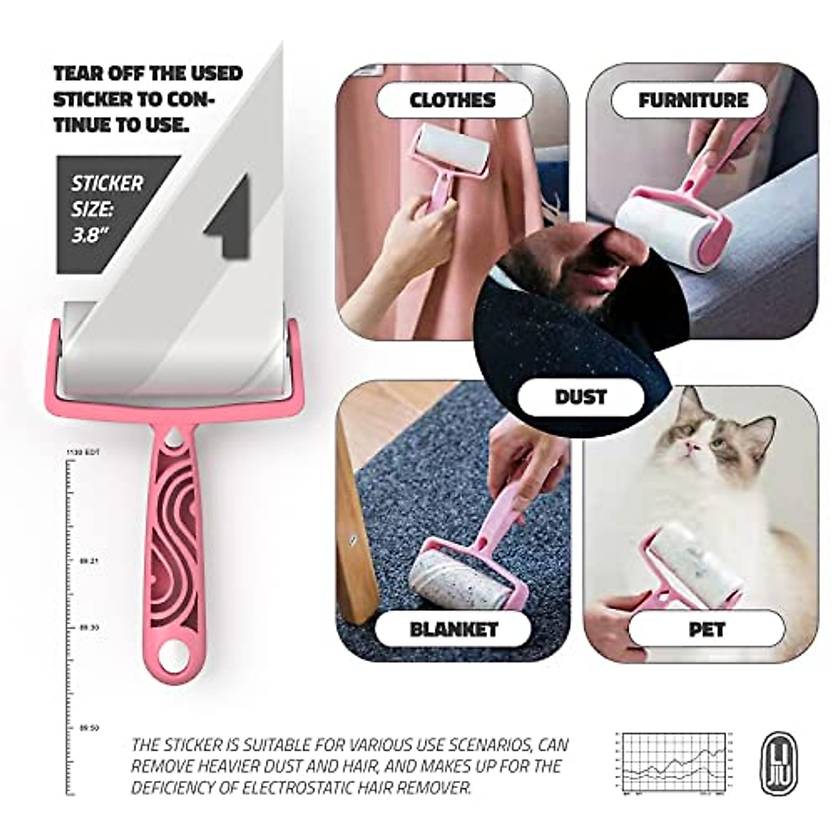 LIJIU® Pet Hair Remover Roller 3Pack for Cleaning Cat Fuzzy & Dog Hair on Cloth, Furniture, Couch, Carpet, Bed and etc. (Contain Reusable Roller, Sticky lint Roller & pet Hair Scraper)