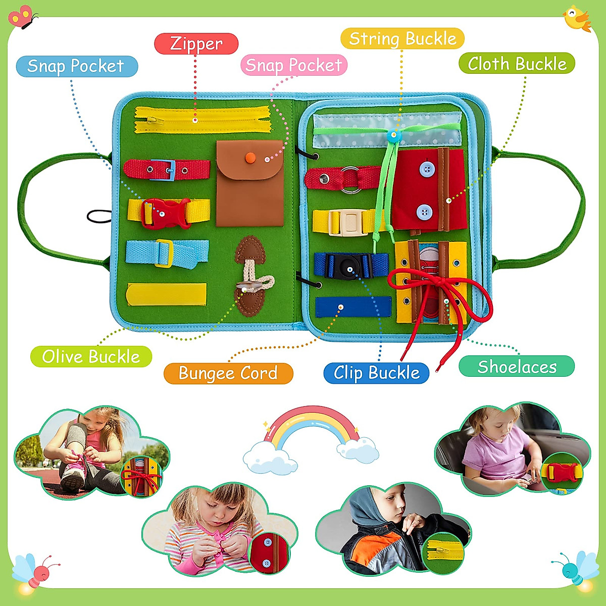 Ancistro Busy Board, Montessori Toys for 1 2 3 4 Years Old, Sensory Toys, Girls & Boys Preschool Toddler Activities Educational / Travel Toys for Fine Basic Dress Motor Skills