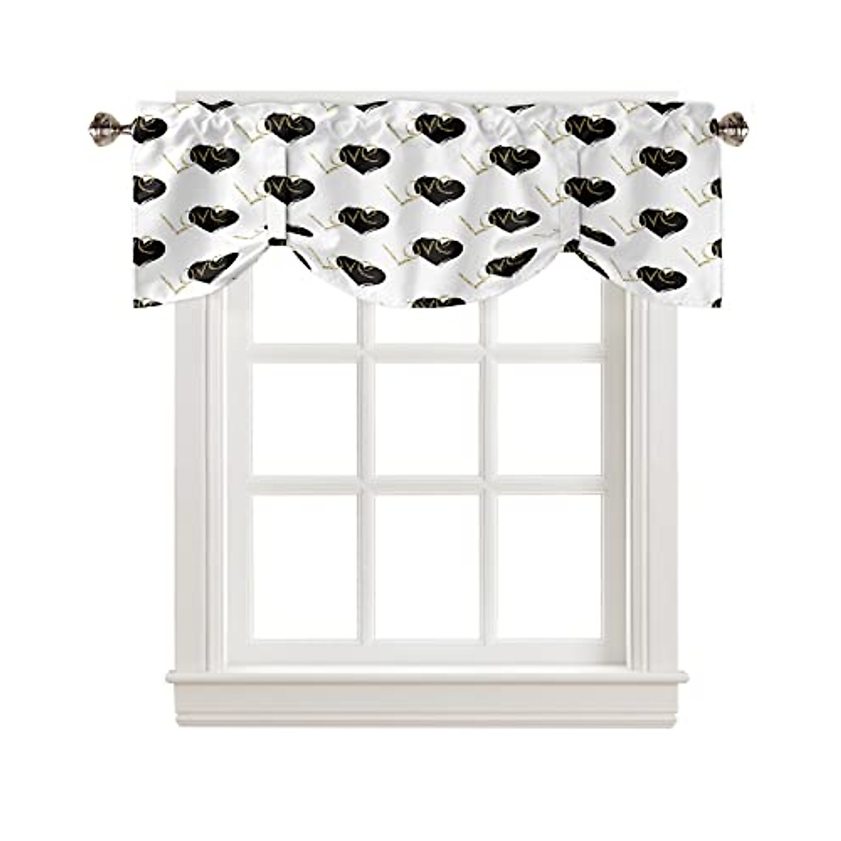 Tie-Up Valance Curtains for Window - Happy Valentine's Day Gold Love Black and White Heart Kitchen Valance - Light Filtering Valance Curtains Short Curtains with Adjustable Tie 42"x12"
