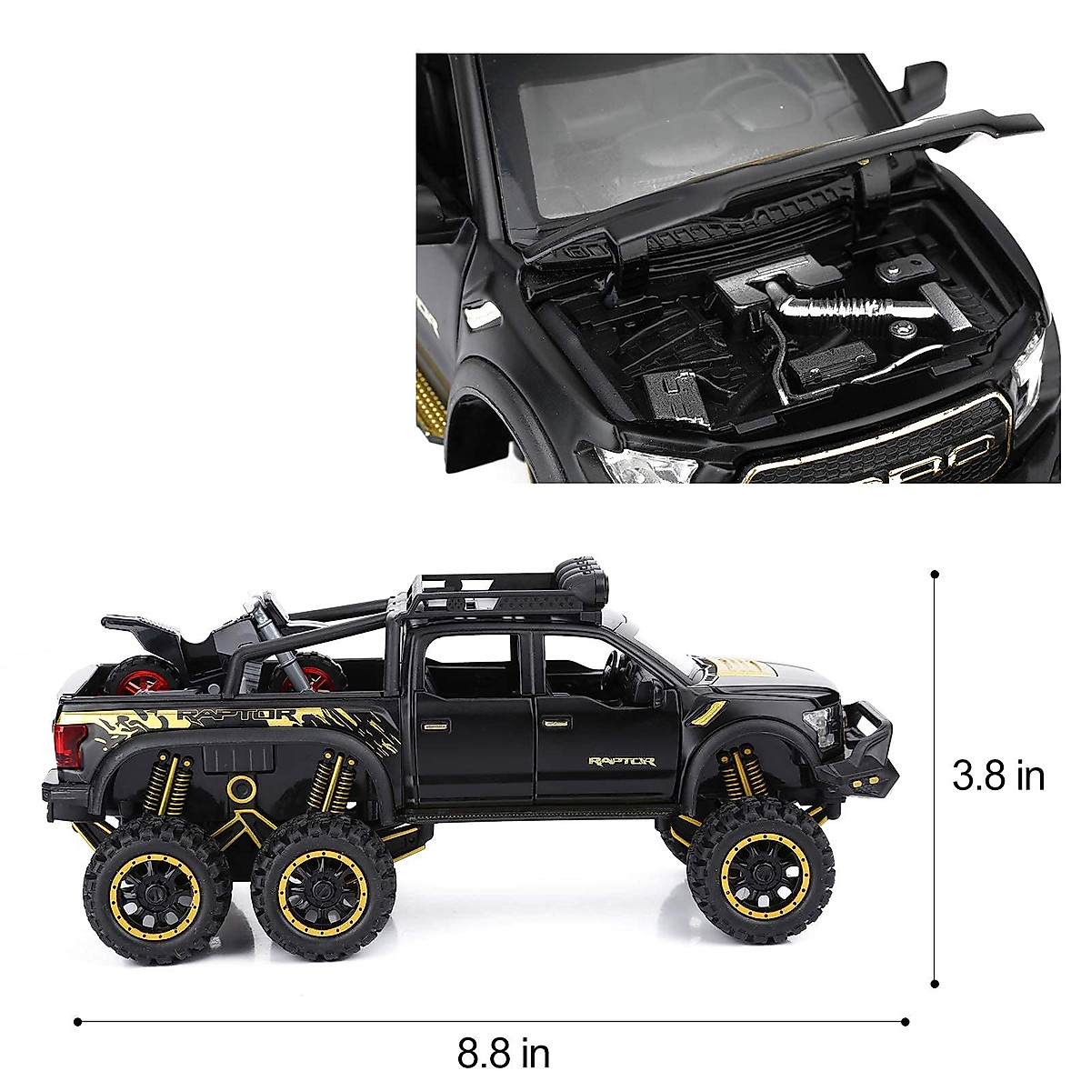 SASBSC Toy Pickup Trucks for Boys F150 Raptor DieCast Metal Model Car with Sound and Light for Kids Age 3 Year and up Black