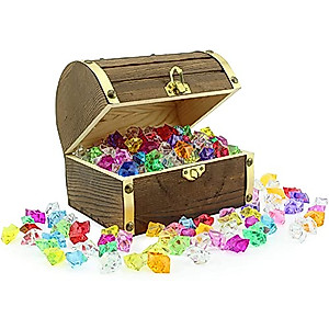 Attatoy Wooden Pirate Treasure Chest with 240 Colored Jewels (Plastic Gems); 6" x 4.5" x 5" Antique Style Wood Box; 1 Lb. Acrylic Gemstones