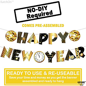 Big, Glitter Happy New Year Banner - 10 Feet, No DIY | Gold Happy New Year Sign for New Years Eve Party Supplies 2023 | New Years Eve Banner for Happy New Year Decorations 2023 | NYE Decorations 2023