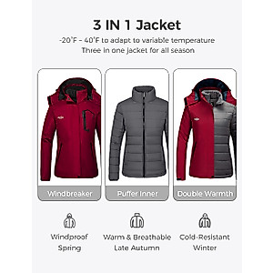 wantdo Women's 3 in 1 Ski Jacket Puffer Liner Insulated Hiking Coat Red X-large
