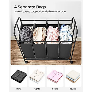 SONGMICS 4-Section Laundry Sorter, Rolling Laundry Cart with Hanging Bar, Laundry Organizer, Hampers for Laundry, Heavy-Duty, Lockable Wheels, 4 x 13.2 Gal., Black URLS44B