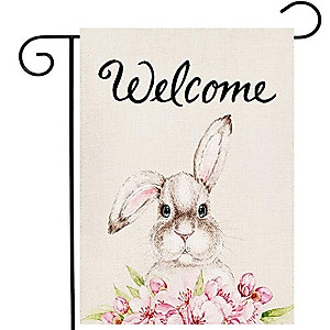 Welcome Floral Bunny Garden Flag Vertical Double Sided Easter Bunny Rabbit, Spring Summer Rustic Farmhouse Yard Outdoor Decoration 12.5 x 18 Inch