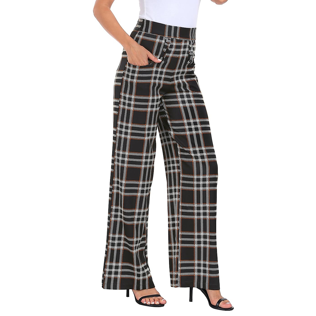 HDE Super High Waisted Wide Leg Pants Tailored Office Work Trousers with Pockets Fall Plaid - XL