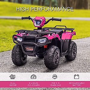 Aosom 12V Ride on ATV for Kids, Kids Electric 4 Wheeler with Headlight, Music, MP3, Treaded Tires, Battery Powered Kids Quad for Toddler, Pink