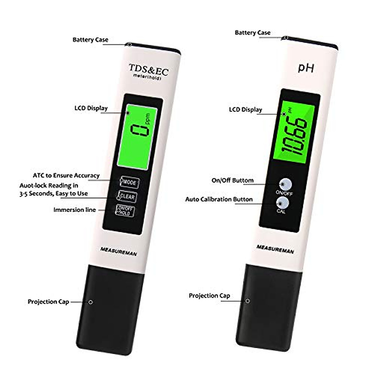 MEASUREMAN PH Meter and TDS Meter Combo，0-14 PH Value, 0.01 Resolution TDS Meter, EC Meter & Temperature Meter 3 in 1, Accuracy ± 2%, 32.0-176.0°F Green Backlight Meter"
