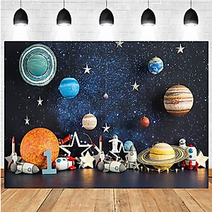 Outer Space Photography Backdrop Universe Planet Star Galaxy Astronaut Rocket Kids Birthday Party Decoration Boy Portrait Photo Background Birthday Party Cake Table Banner Vinyl,7x5ft