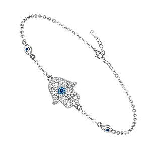 Hamsa Hand Evil Eye Bracelet for Women Sterling Silver Dainty Cute Crystal Round Blue Evil Eye Fatima Bracelets