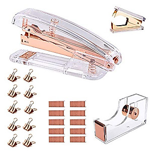 Rose Gold Desk Accessory Kit - Set of Acrylic Desktop Stapler, Staple Remover, Tape Dispenser, Staples and 10 Pieces Blinder Clips for Home School Office Supplies Stationery Desk Supplies