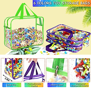 OPELETNNT 6 Packs Large Toy Storage Bags with Labels, Reusable Clear PVC Board Game Storage, Travel Waterproof Organizer Bags with Zipper for Building Blocks, Puzzle, Kids Books（6 Colors）