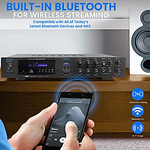 Pyle Wireless Bluetooth Audio Amplifier - 5 Channel Sound Stereo Amp for Home Speakers - Multi-Source 1/4” Audio/Microphone Input, MP3/USB/SD, AUX, FM Radio - FM Antenna, Remote Control