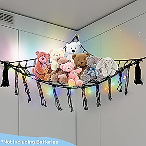 Stuffed Animal Net Or Hammock With Led Light, Animal Hammock Corner Holder, Toy Plush Net Wall Hanging Net Storage Ideas Organizer, For Nursery Play Room Kids Bedroom (Black)