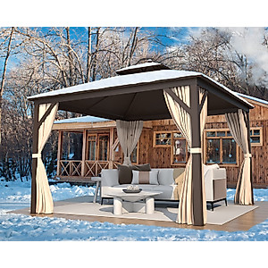 MELLCOM 12' x 12' Hardtop Gazebo, Galvanized Steel Double Roof Outdoor Gazebo, Aluminum Frame Metal Gazebo with Netting and Curtains for Patios, Gardens, Lawns Brown