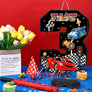 Race Car Number Pinata Girl Pull String Fast Pinata Small Racing Theme Pinata with Blindfold Stick Confetti for Boys Birthday Decorations Party Supplies (Number 3)