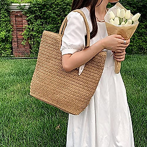 JQWYGB Straw Beach Bag - Straw Purses Handbags for Women Woven Beach Bag Summer Straw Tote Bag for Vacation (Brown)