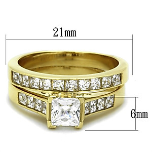 5x5mm Princess Cut CZ Gold IP Stainless Steel Wedding Ring Set
