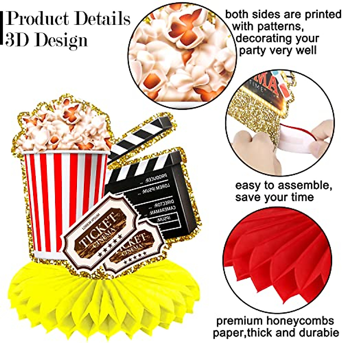 9PCS Movie Night Birthday Party Decoration Movie Table Honeycomb Centerpiece Movie Theme Theatre Table Decoration Movie Night Party Decoration for Movie Star Birthday Party Supplies