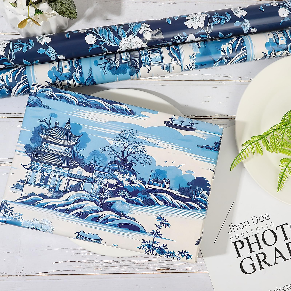 Vnaaem Chinoiserie Wrapping Paper 6 Pc Classic Chinese Landscape Vintage Blue White Floral Gift Wrap Paper for Girls Boys DIY Crafts Birthday Baby Shower Wedding Party Lunar Year,19.6 X27.8Inch