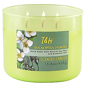 Stress Relief Aromatherapy Candle for Men & Women - Eucalyptus Jasmine 3 Wick Candle with Lavender, Mandarin & Balsam - Strong Scented Candles for Home 15.8 oz - Natural Soy Candles, Eucalyptus Candle