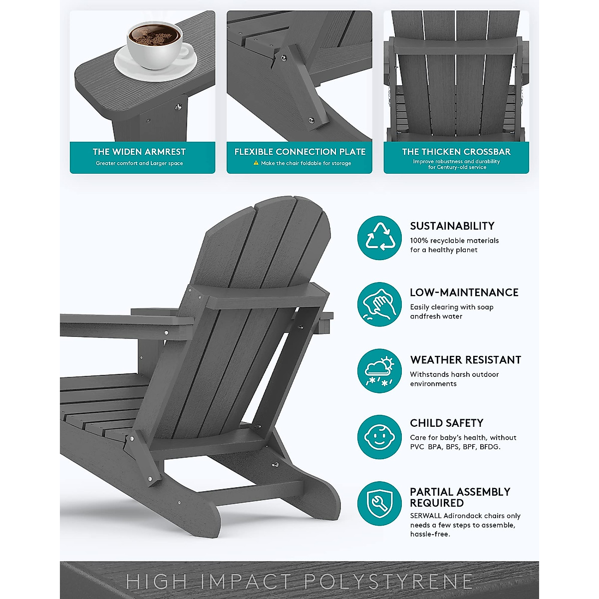 SERWALL Adirondack Chair for Patio Garden Outdoors Fire Pit- (Folding Gray)