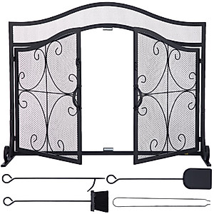 VEVOR Fireplace Screen, 39 x 26.6 Inch, Double Door Iron Freestanding Spark Guard with Support, Metal Mesh Craft, Broom Tong Shovel Poker Included for Fireplace Decoration & Protection, Black