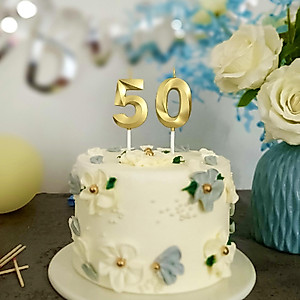 50th Birthday Candles for Cakes Numbers Candle Happy 50 Birthday 3D Designed Wedding Anniversary Party Cake Topper Decorations (50, Gold)