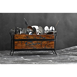 Utensil Caddy Silverware Cutlery Holder with 3 Compartment, Wooden Utensil Crock Flatware Organizers with Iron Stand, Rustic Kitchen Utensil Organizers for Farmhouse Kitchen and Countertop