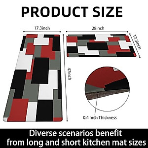 chiinvent Red Black Kitchen Rugs Mats Set of 2 Cushioned Anti Fatigue Kitchen Floor Mat White and Grey Geometric PVC Non-Slip Waterproof Comfort Standing Mats for Kitchen Office, 17"x 47"+17"x 28"