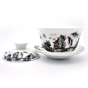 Teacups set,QMFIVE,Chinese Traditional Teaware Blue and White Porcelain Gaiwan Kungfu Tea bowl with Lid and Saucer - 6oz/180ml,Seclusion