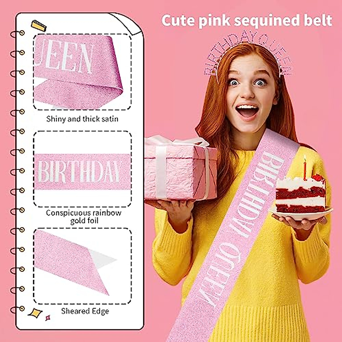 Birthday Crowns for Women, Pink Birthday queen Sash & Rose Gold Women's Birthday Hair Bands and Birthday Corsage Set, Queen Rhinestone Birthday queen Headband Birthday Gifts for Women, Sweet Happy Birthday Accessories (birthday queen Pink)