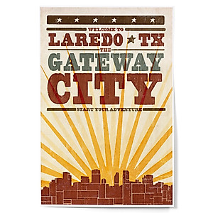 Laredo, Texas, Skyline and Sunburst Screenprint Style (12x18 Art Print, Travel Poster Wall Decor)