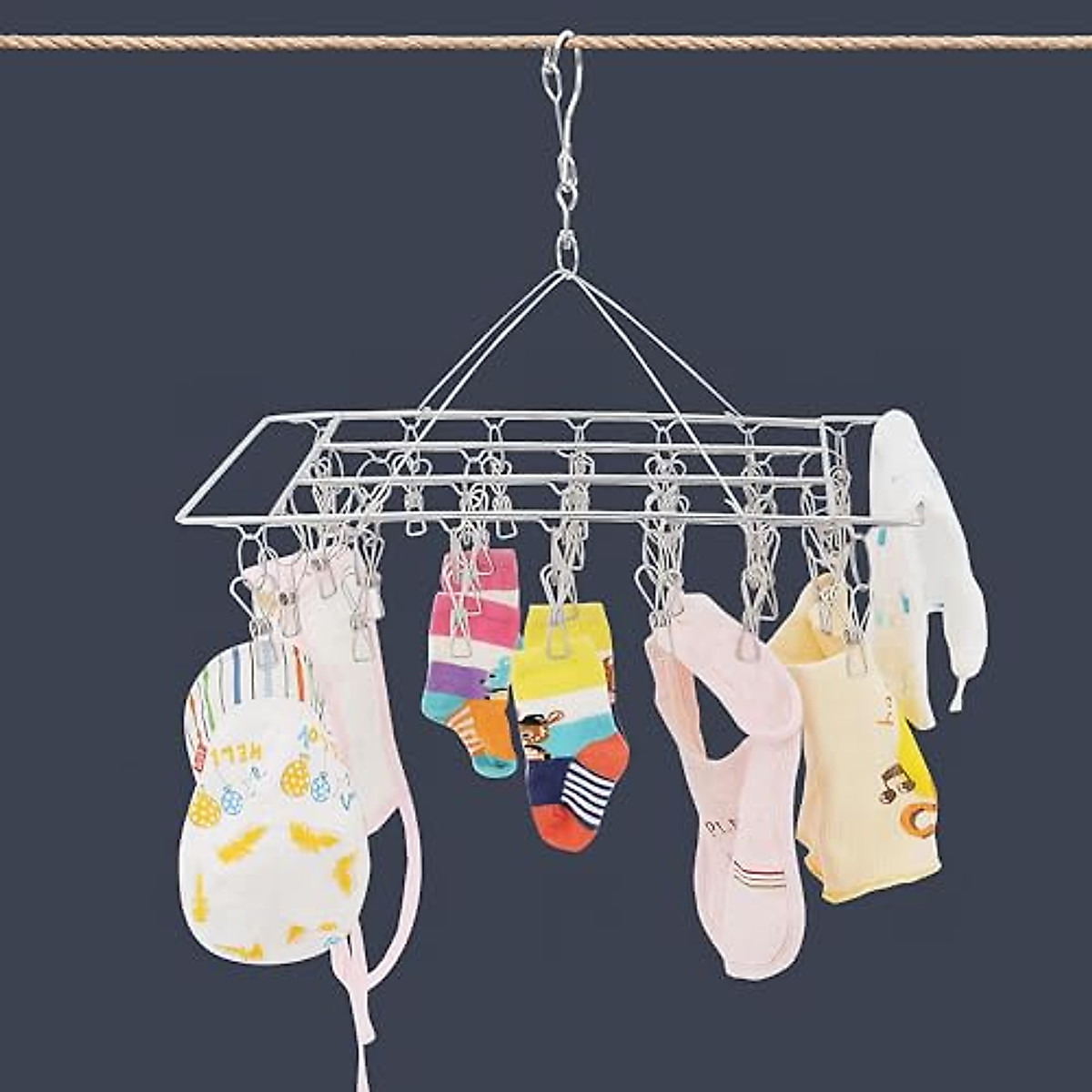 XCZYN Stainless Steel Sock Drying Rack with 36 Clips, Swivel Hook Wind-Proof Clothes Hanger Rack for Socks, Bras, Underwear, Lingerie Accessories, Silver