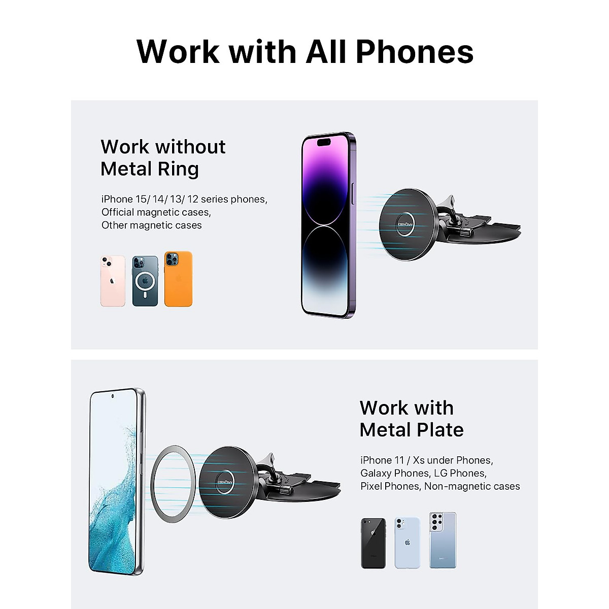 Ciencimy CD Car Mount Compatible with MagSafe iPhone 15 14 13 12 Pro Max Plus, [Built-in Metal Steel] Magnetic CD Slot Phone Holder & [Stable Metal Hook] Car Vent Phone Mount