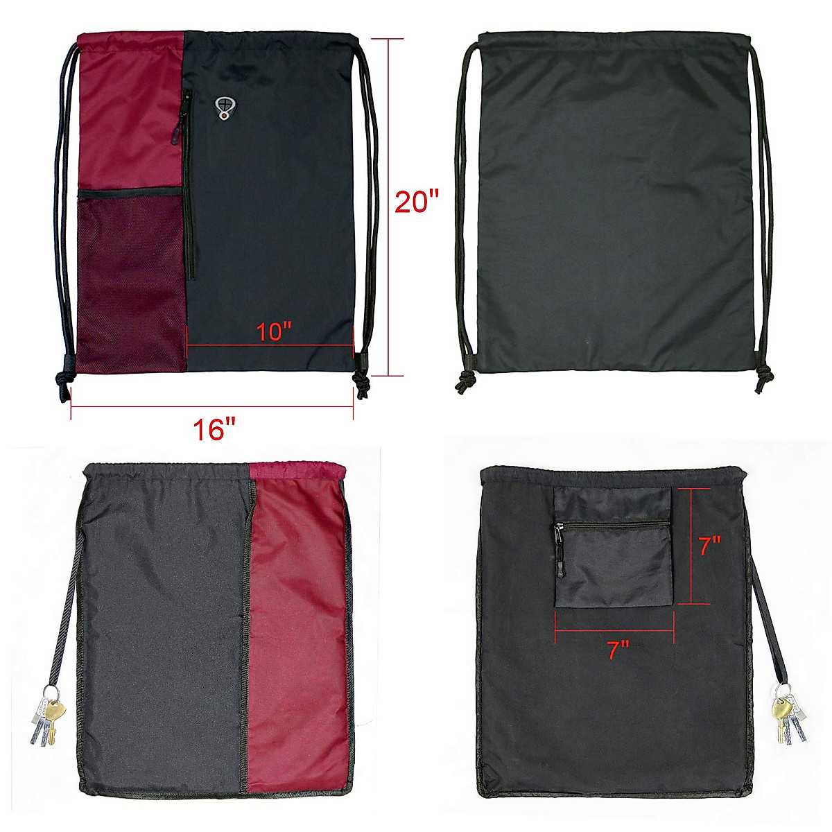 BeeGreen Maroon Drawstring Backpack Sports Gym Bag for Women Men Large String Backpack With Zipper and Water Bottle Mesh Pockets Cinch Sack Workout Bag, 16" x 20"