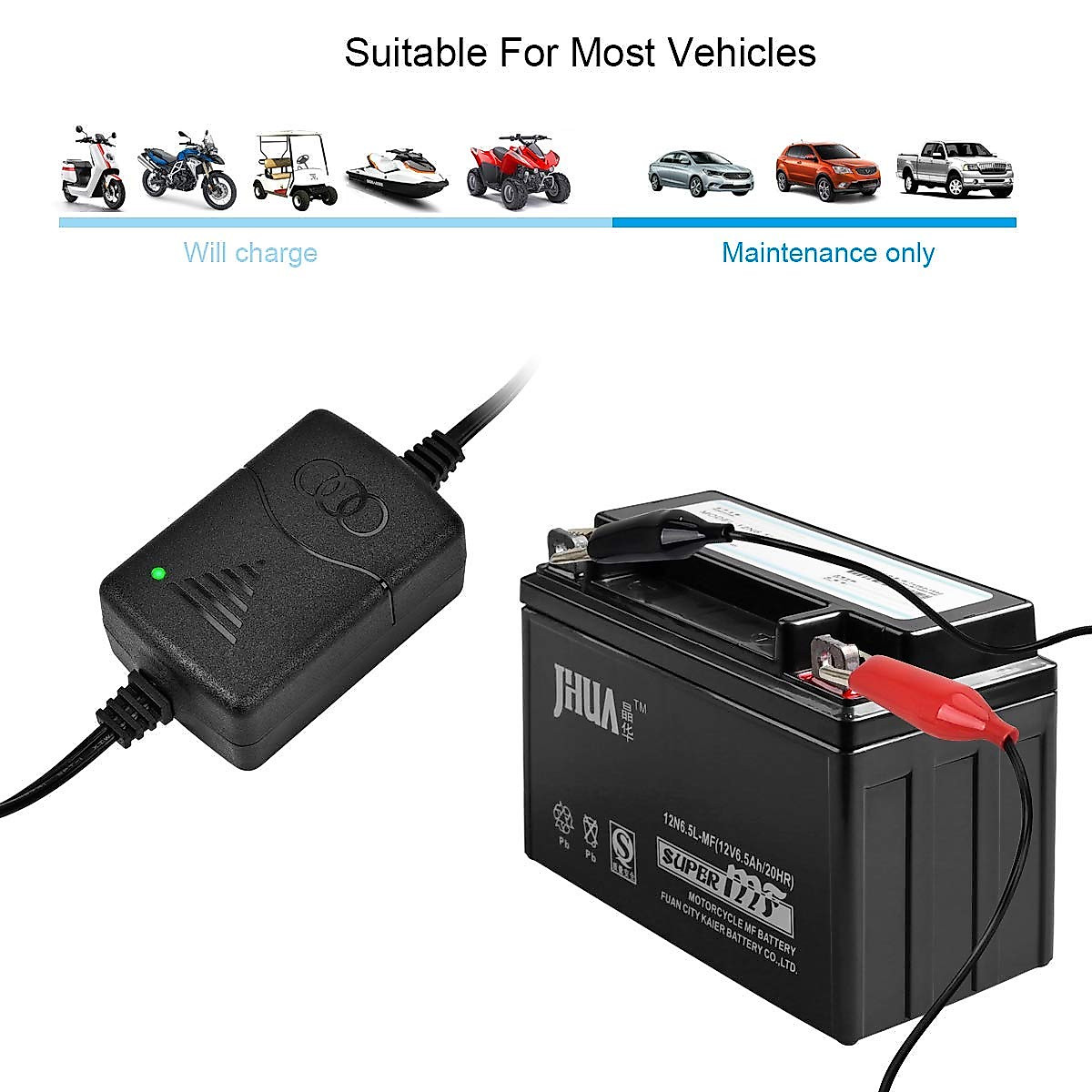 Trickle Battery Charger,12V 1250mA Smart Battery Charger Portable Car Battery Charger for 12V Lead-Acid Batteries