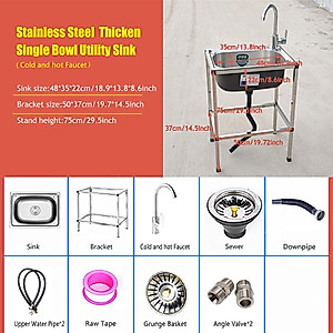 Outdoor Garden Sink Single Trough, Small Stainless Steel Utility Commercial Kitchen Washing Hand Basin Station Sink with Storage Shelve and Faucet, for Restaurant, Bar, Laundry, Garage, Backyard ( Col