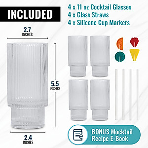 Ökabode POURMOI Tall Ribbed Glassware 4 Pack 11oz With Glass Straws and Drink Markers, Thick Vintage Glassware Ribbed Drinking Glasses | Cocktail Glasses | Iced Coffee Glasses Ribbed Highball Glasses