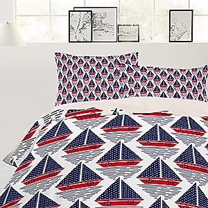 Lsrtoss Navy Blue Red Boat Full Duvet Cover Set for All Season, Nautical Anchor Rudder Coastal Microfiber 3 Piece Bedding Set with 2 Pillowcases & 1 Quilt Cover, 86" W x 86" L, Full Size