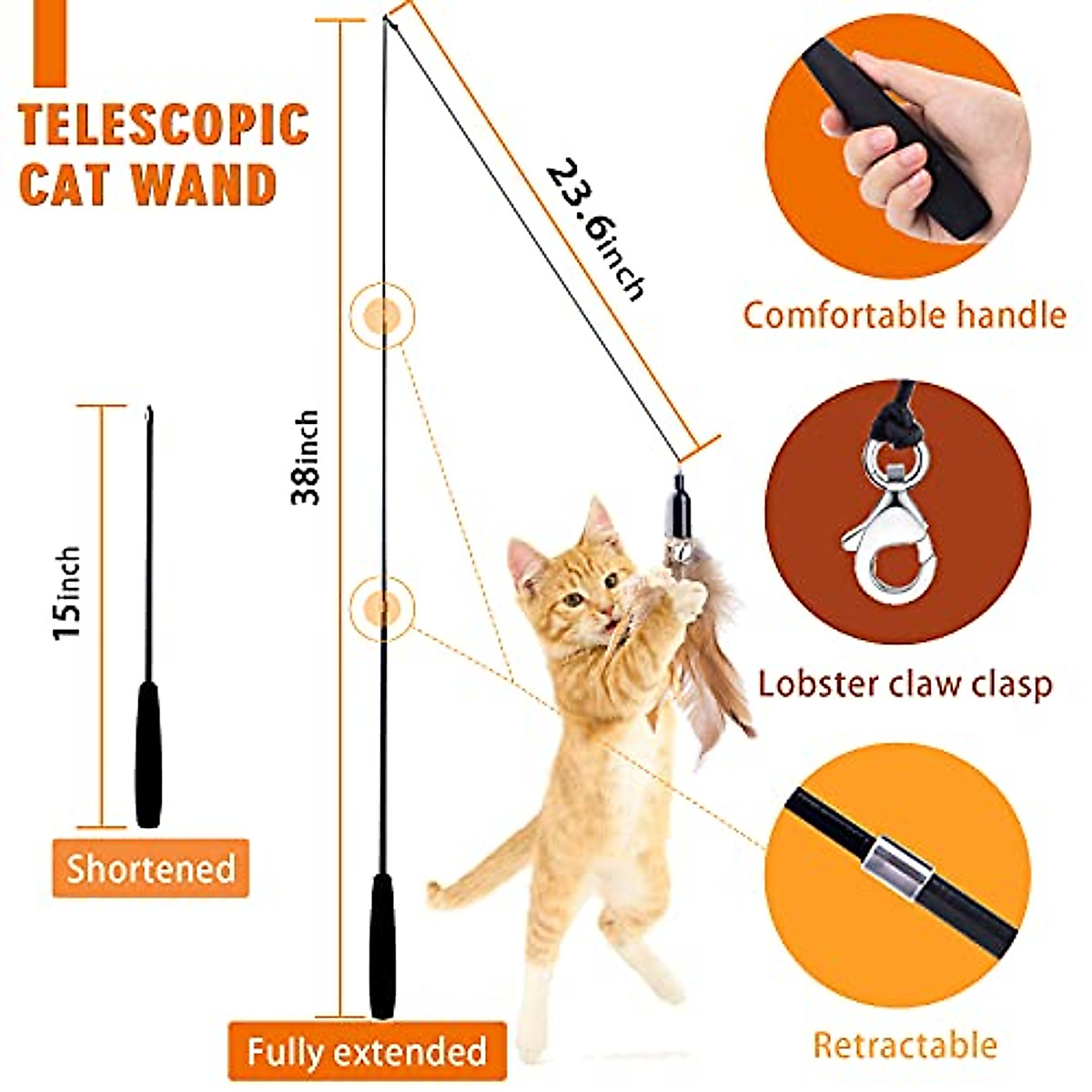 Retractable Cat Wand Toy for Indoor Cats Interactive Cat Feather Toys with Bell 8 Packs Kitten Toys with Fishing Pole Replaceable Worm Feather Tail Cat String Toy Gift for Indoor Outdoor