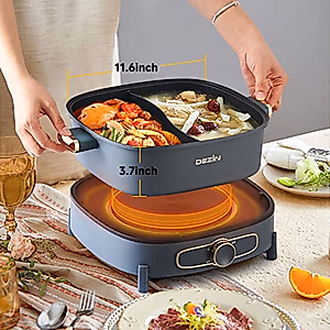 Dezin Hot Pot Electric with Divider, 5L Double-Flavor Electric Shabu Shabu Pot, Removable Non-Stick Dual Sided Electric Cooker, 3" Depth Divided Pot with Multi-Power Control, 2 Silicone Ladles Included