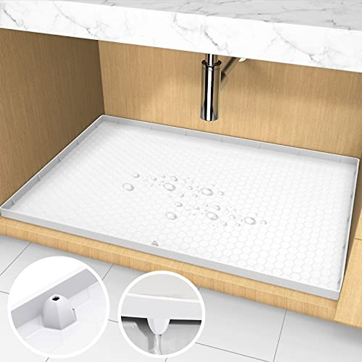 AECHY Under Sink Mat, 34" x 22" Silicone Under Sink Liner, Under Kitchen Sink Mat with Unique Drain Hole Design, Waterproof & Flexible Sink Mats for Kitchen, Bathroom and Laundry Room White