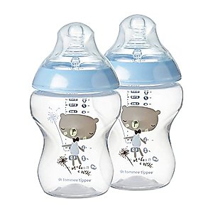 Tommee Tippee Closer to Nature Baby Bottles, Blue Slow Flow Breast-Like Nipple with Anti-Colic Valve (9oz, 2 Count)