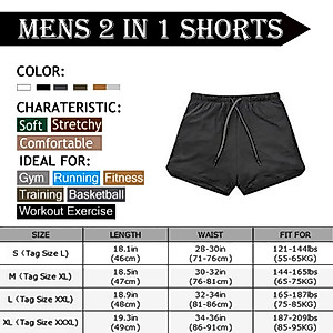 HANERDUN Men 2 in 1 Workout Running Athletic Shorts Sport Pants with Pocket Black