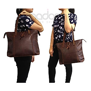 Madosh Genuine Leather BrownTote Bag Women Shoulder Rustic Handbag Casual Purse