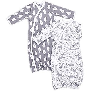 Cambria Baby 100% Organic Kimono Gowns. Side Snaps with Built in Mitts. (0-6 Months, Feathers and Forest Animals)